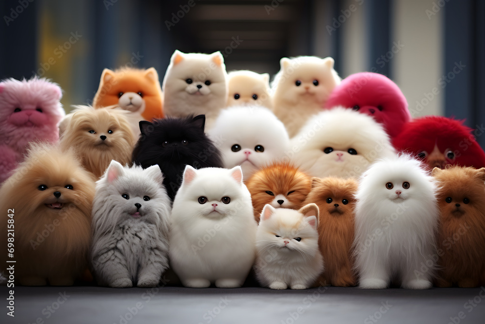 Plush fur cats monster for little kids. Front view of soft animal toy ...