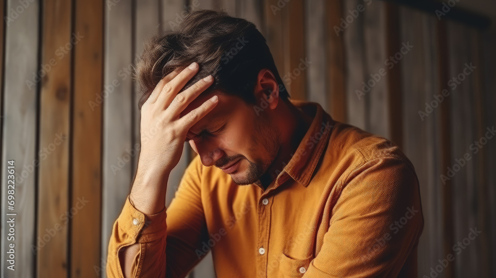 sad man suffers from a hangover and headache after a party, alcohol ...