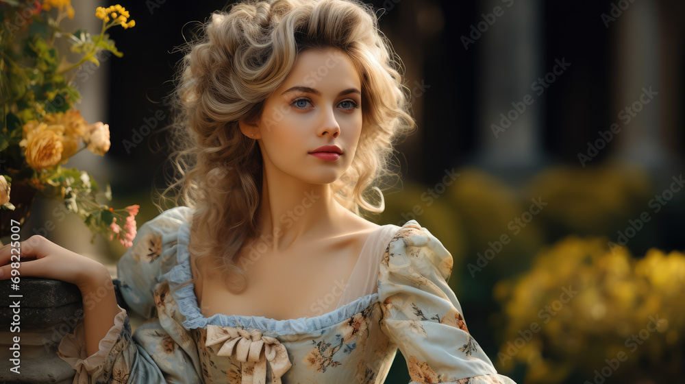 beautiful young woman dressed in 18th century style, antique fluffy ...