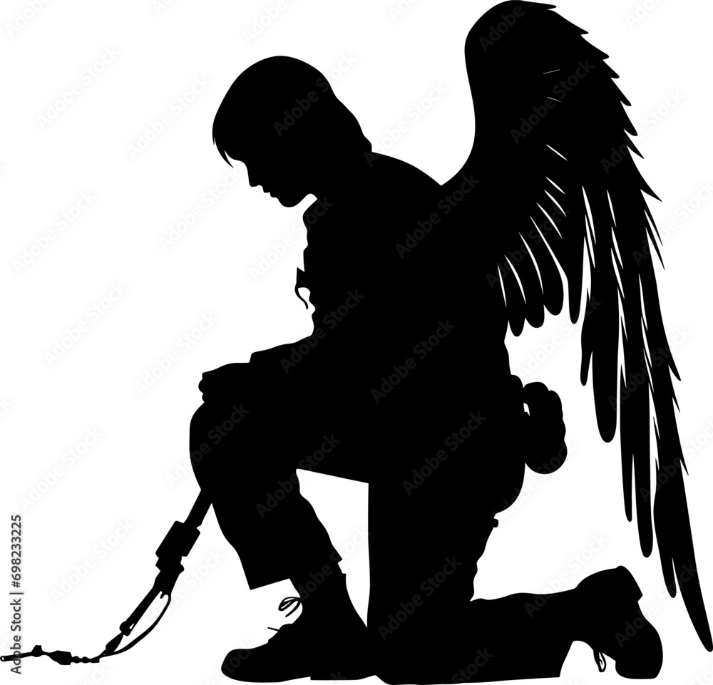 Military angel soldier with wings kneeling silhouette vector. AI ...