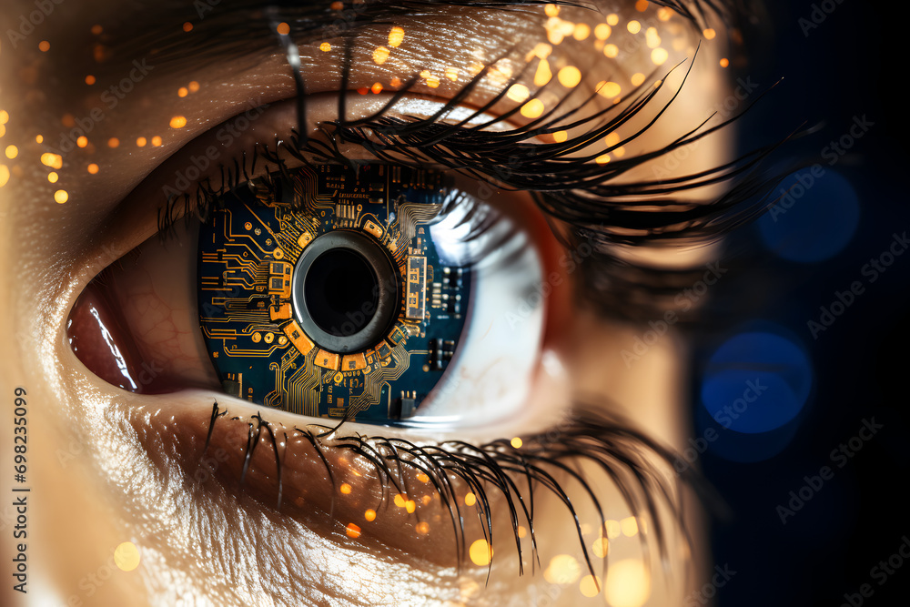 Sensor camera implanted into human cyborg eye. Concept futuristic sci ...