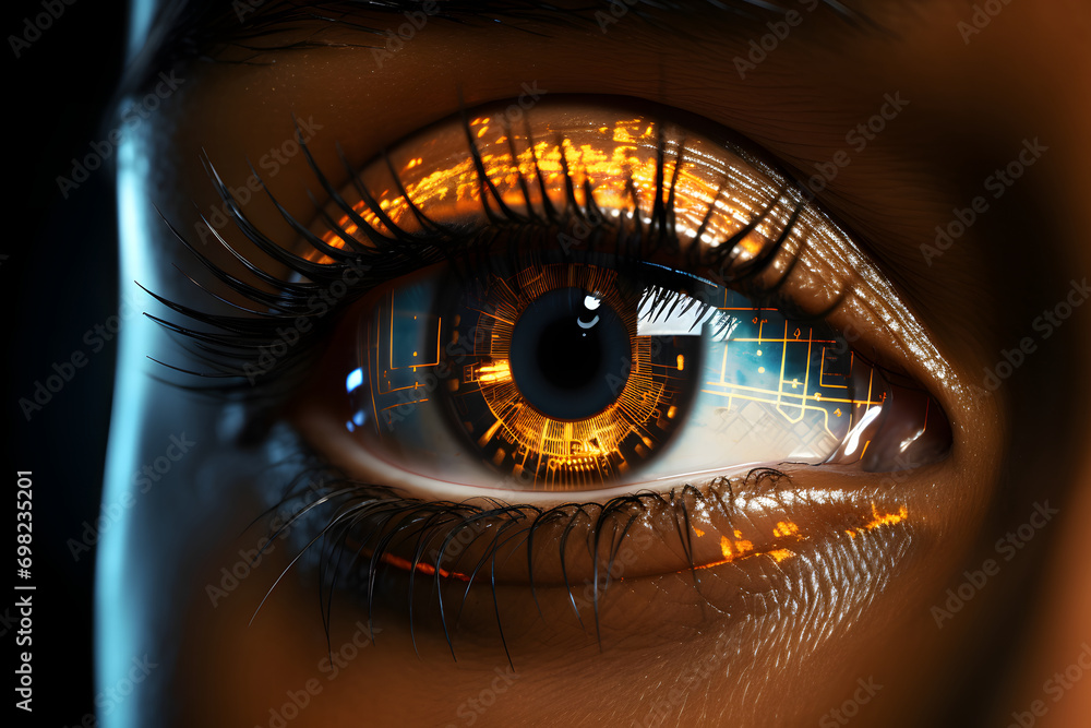 Sensor camera implanted into human cyborg eye. Concept futuristic sci ...
