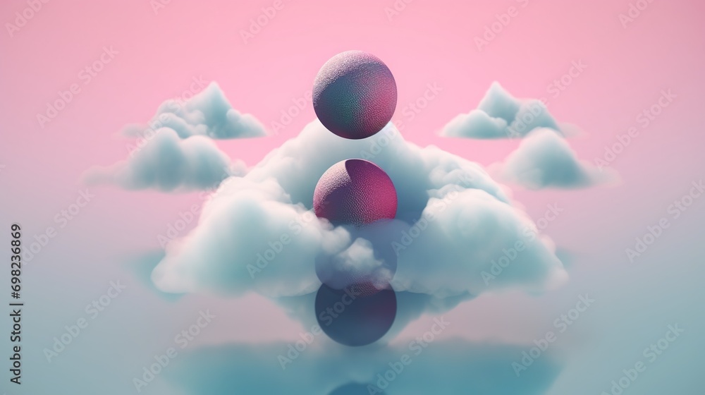 Three spheres are positioned on top of each other surrounded by fluffy ...