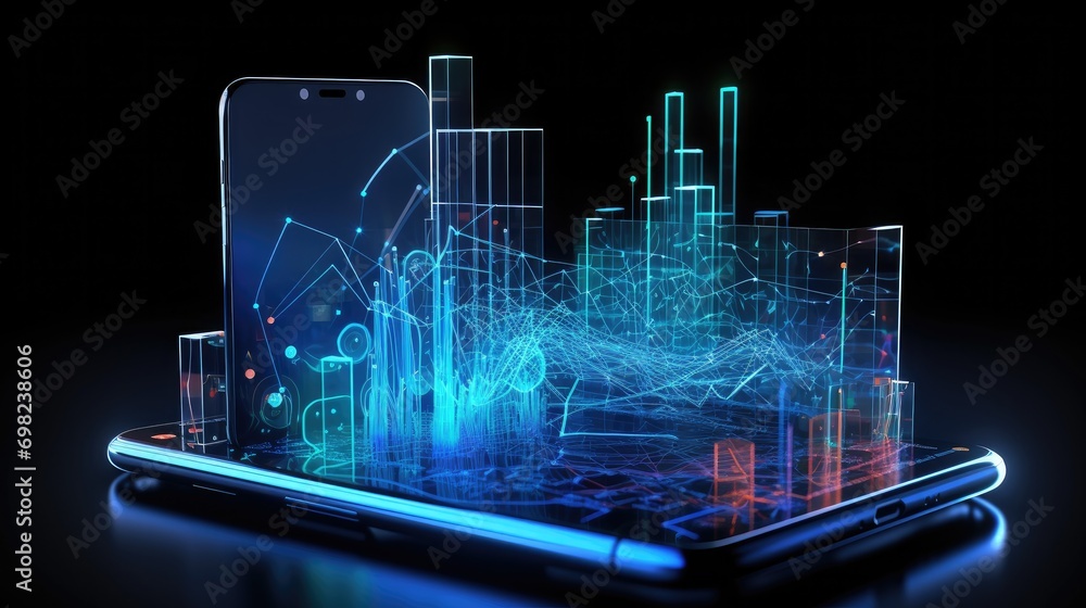 Foto de 3d polygon model of a mobile phone, Futuristic Mobile Technology Background with growth ...