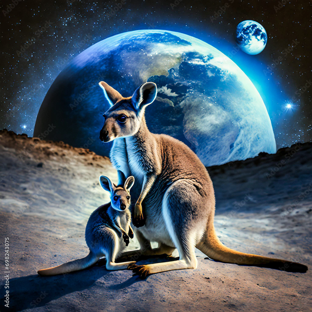 A portrait in blue light of an large kangaroo and her baby on the moons surface with other ...