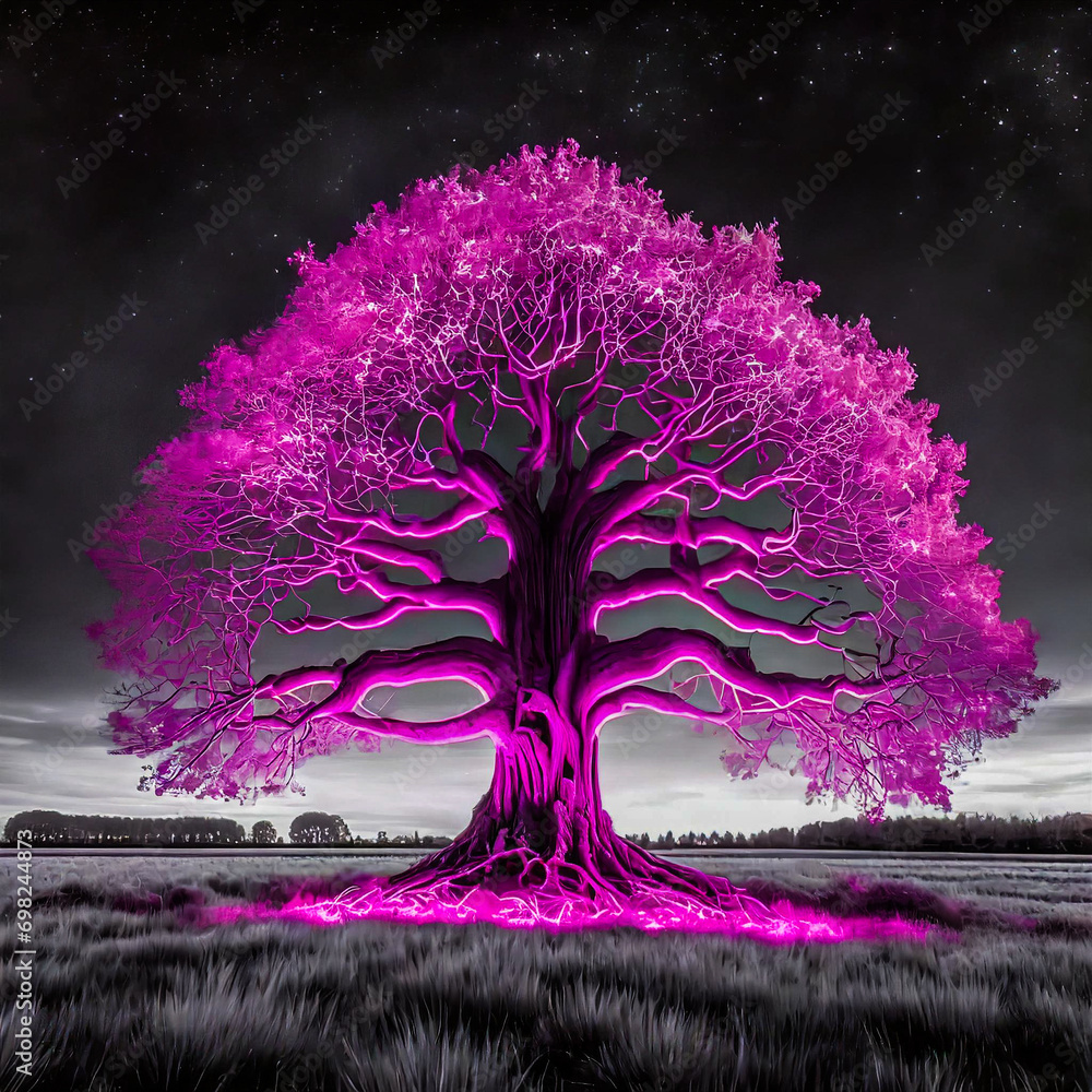 A very Large Dead Pink Neon Glowing Oak Tree in a black and white Field ...