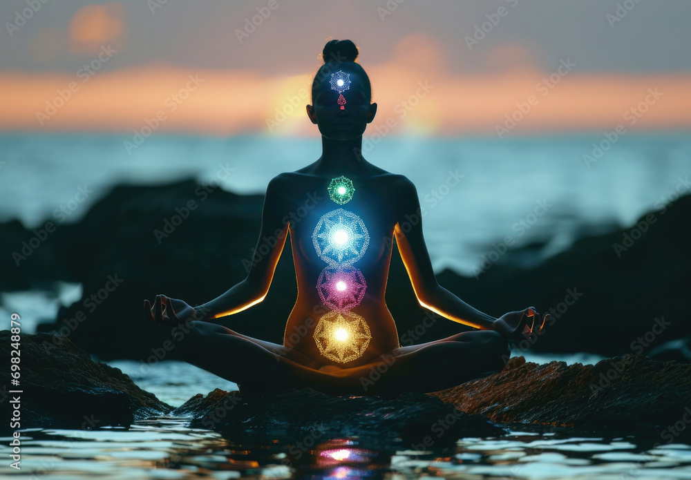 Today girls meditating on a beautiful background with glowing chakras ...