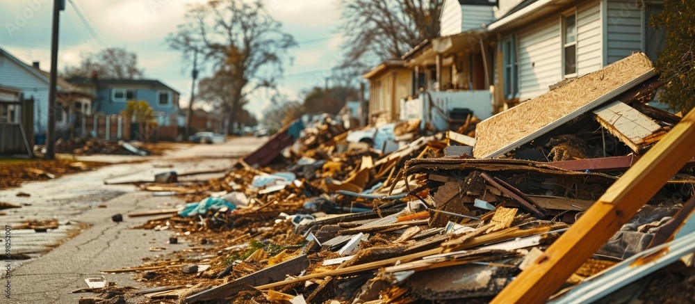 Natural disaster aftermath in residential area: Debris piled up ...