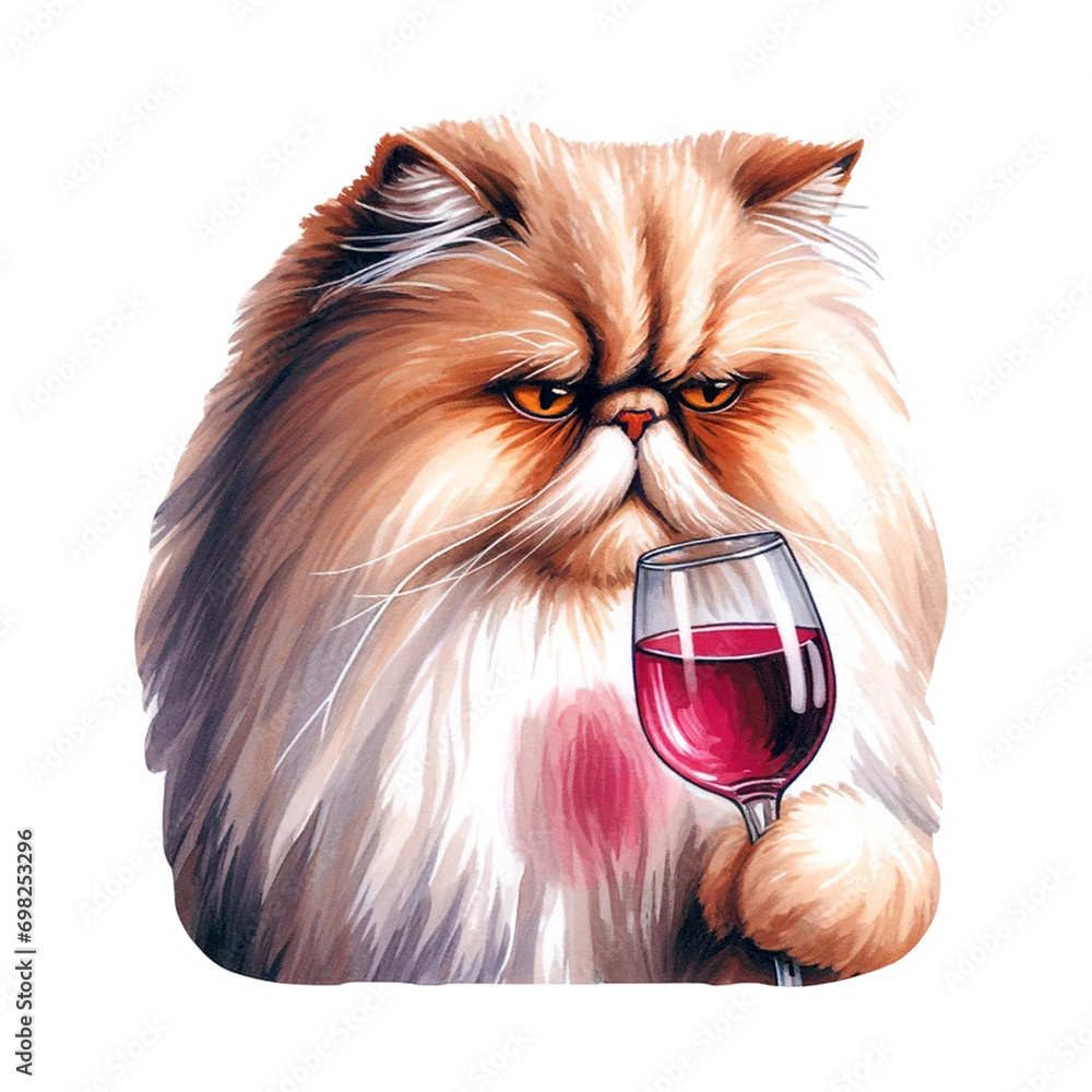 Cat drinking red wine. Watercolor sticker with white border isolated on ...