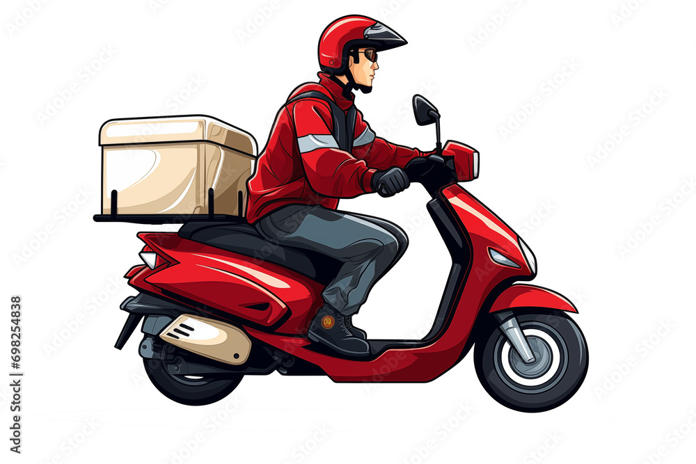 Drawing of a delivery man driving a scooter on a transparent background ...