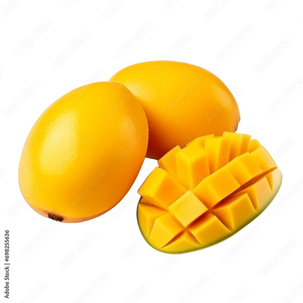 fresh organic kesar mango cut in half sliced with leaves isolated on ...