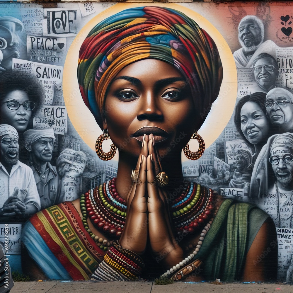 An African woman folds her hands to pray against a background of ...