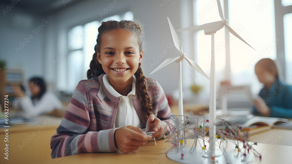 Teenage girl doing a science project on renewable energy with a wind ...