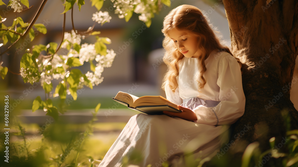 Young girl reading a fairy tale book under a tree in a serene garden ...