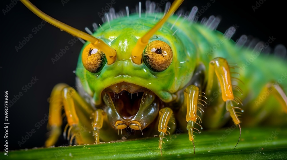 AI generated illustration of a close-up of a large green bug with ...