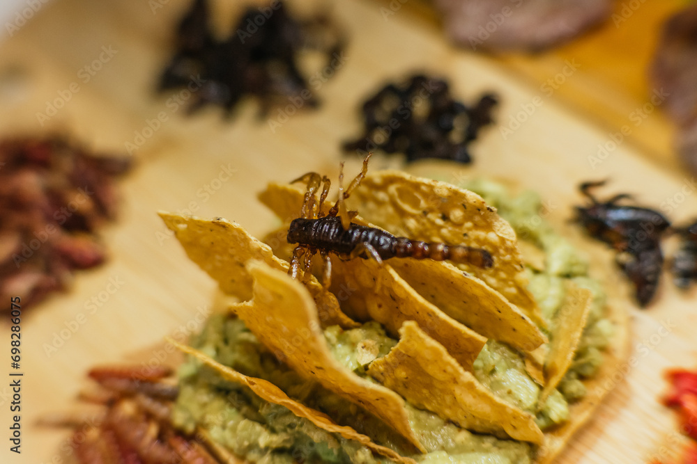 Delicious insect board with guacamole and toast, with grasshoppers ...