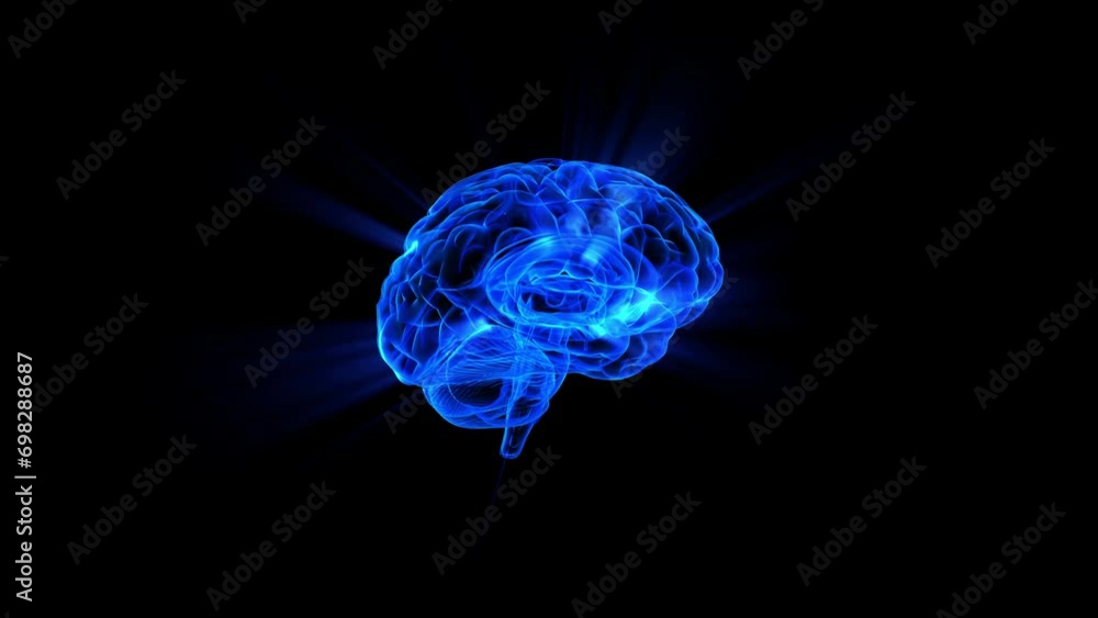 Human brain with neuronal impulses. Blue human brain making light and ...