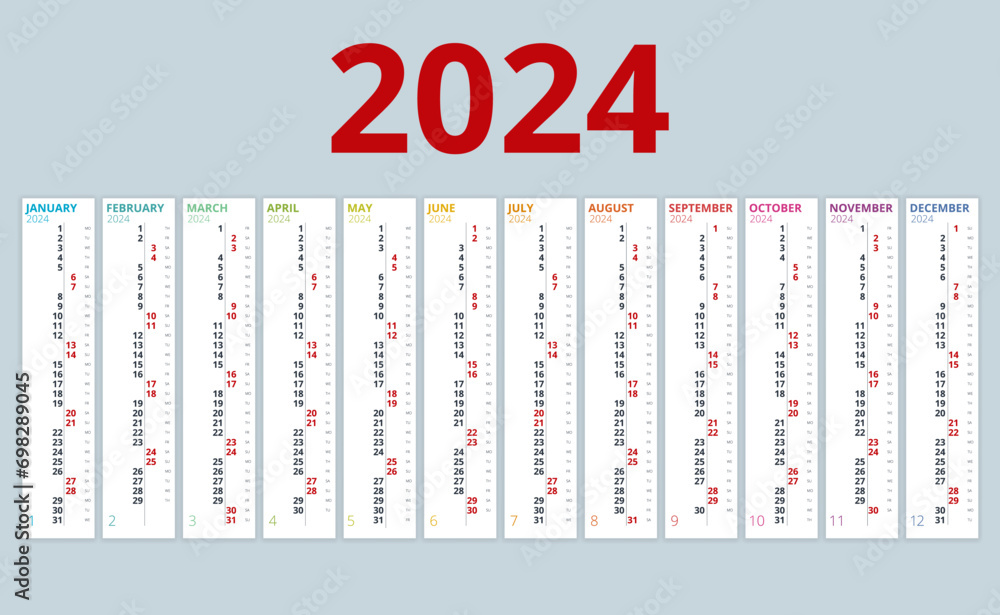 Vertical rainbow 2024 calendar vector, english language. 2024 Calendar ...