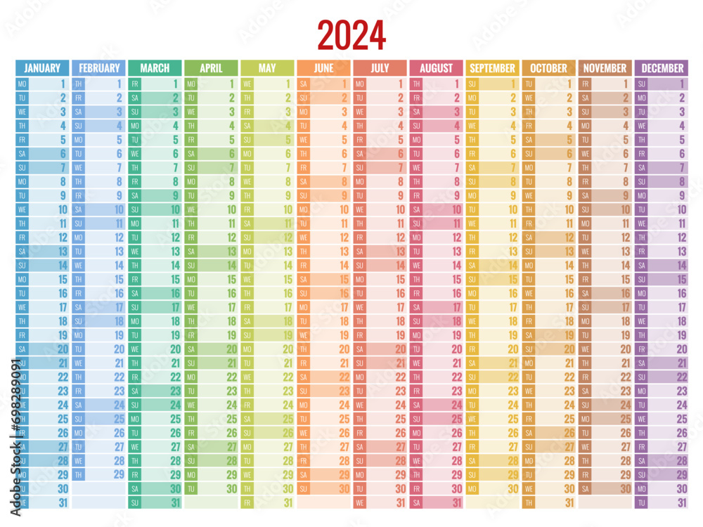 Vertical rainbow 2024 calendar vector, english language. 2024 Calendar ... Vertical rainbow 2024 calendar vector, english language. 2024 Calendar ...