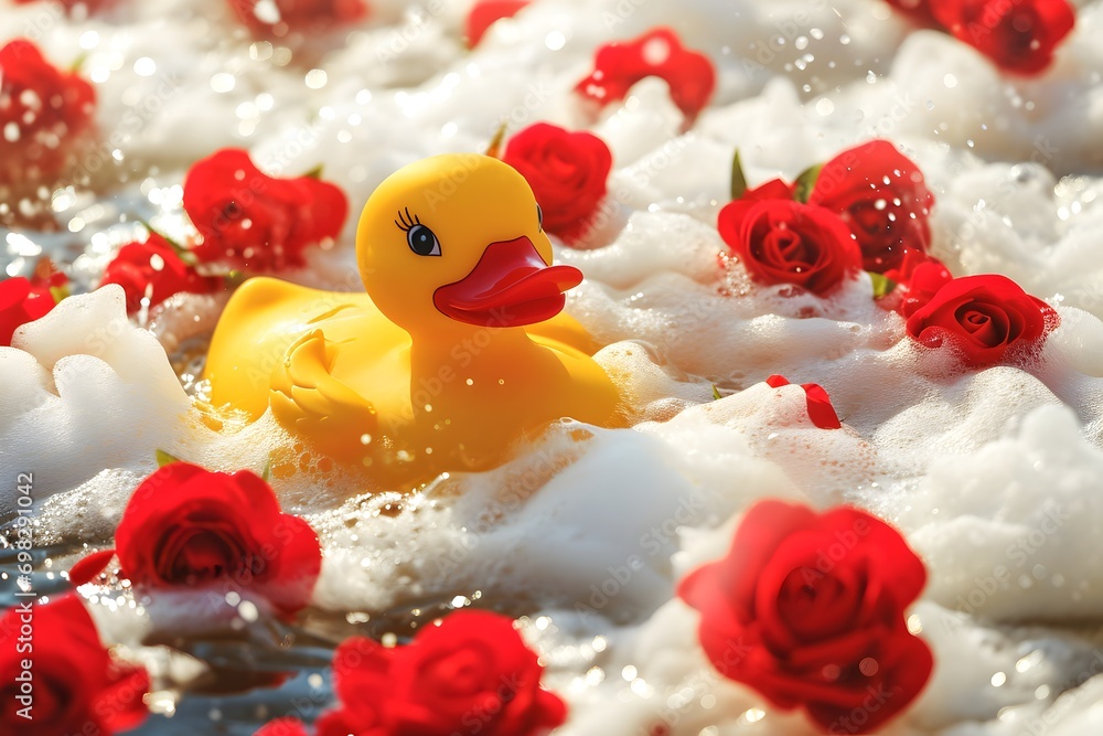 Yellow rubber duck surrounded by lush red roses and bubbles, a symbol ...