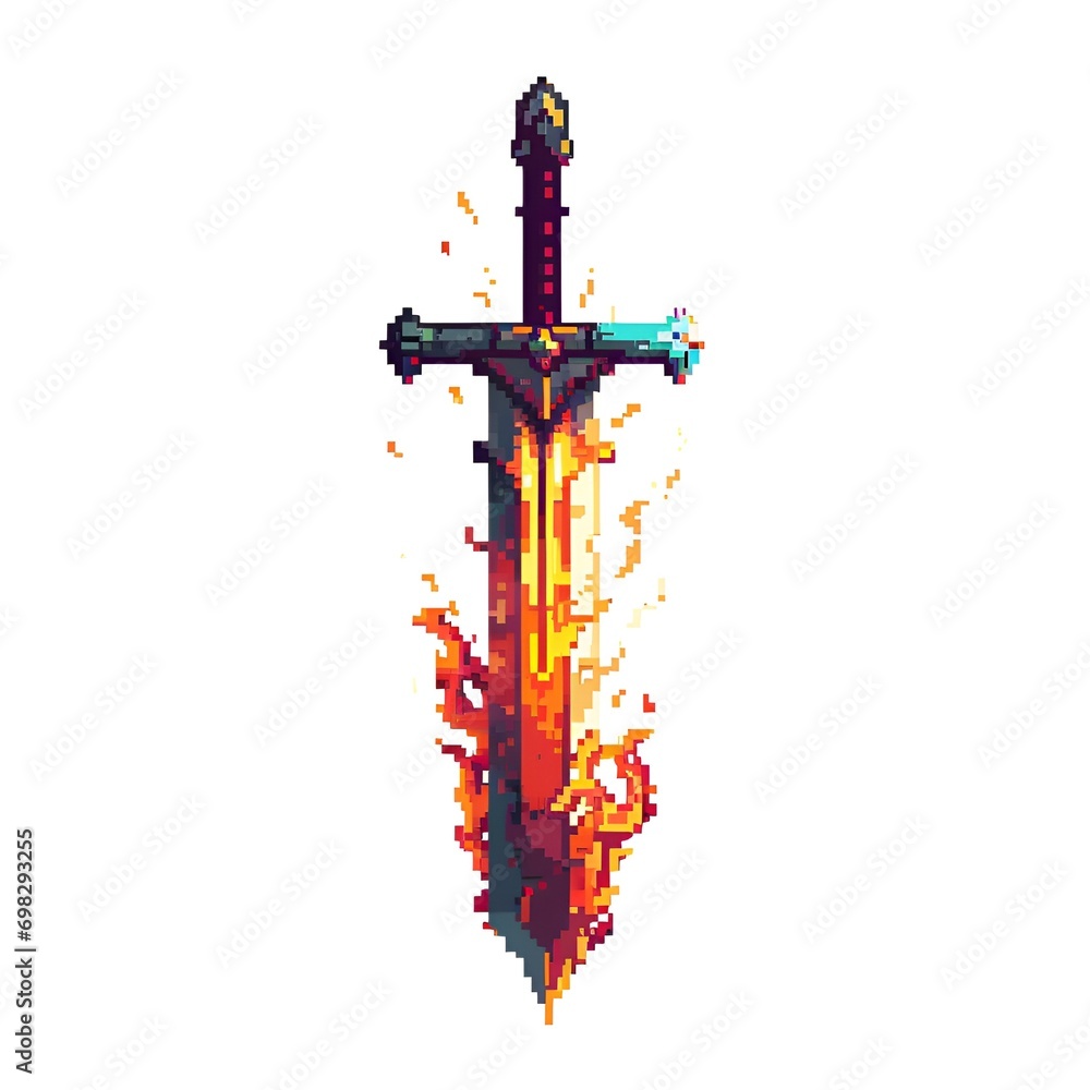 Pixel Art Flaming Sword on White Background Stock Illustration | Adobe ...