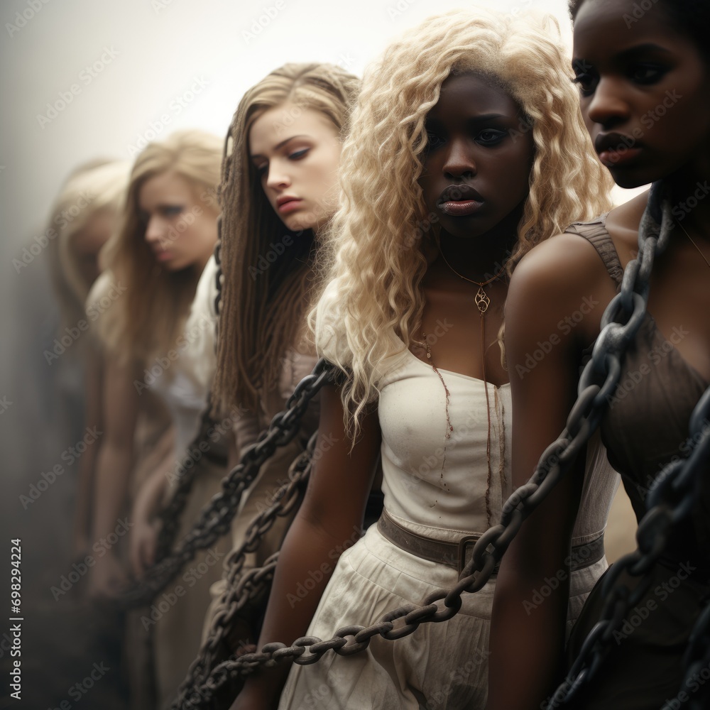 Beautiful girls hostages, captives, slaves, in shackles and chains work ... Beautiful girls hostages, captives, slaves, in shackles and chains work ...