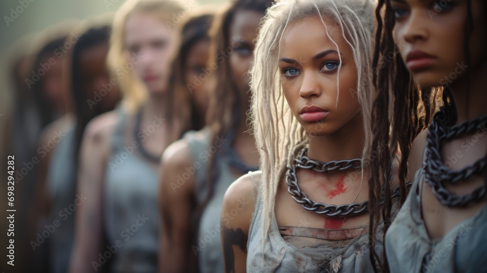 Beautiful girls hostages, captives, slaves, in shackles and chains work ... Beautiful girls hostages, captives, slaves, in shackles and chains work ...