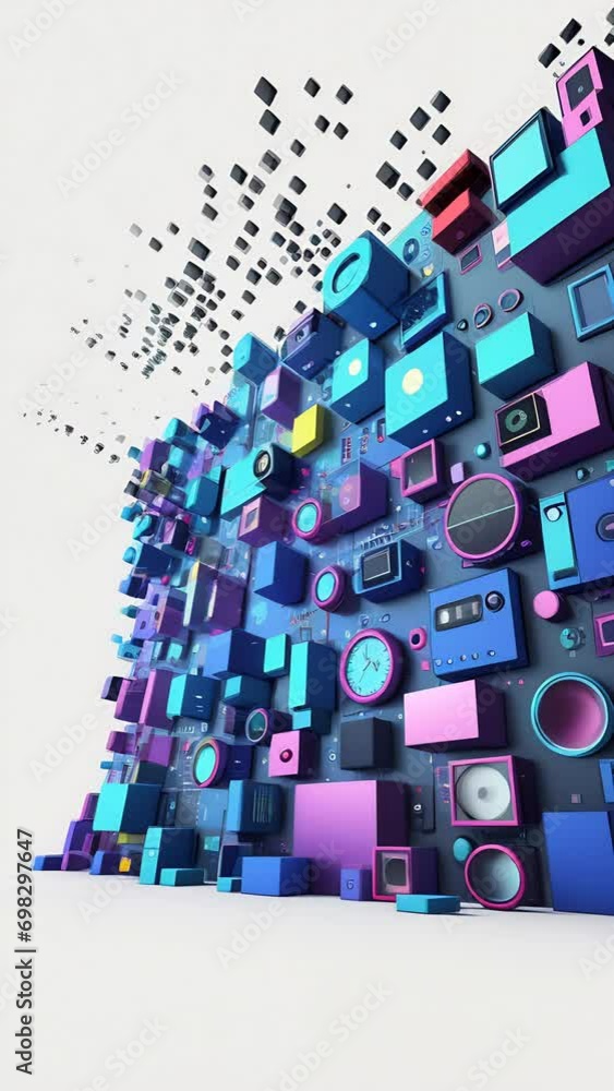Modern abstract 3D image with many colored cubes and various geometric ...