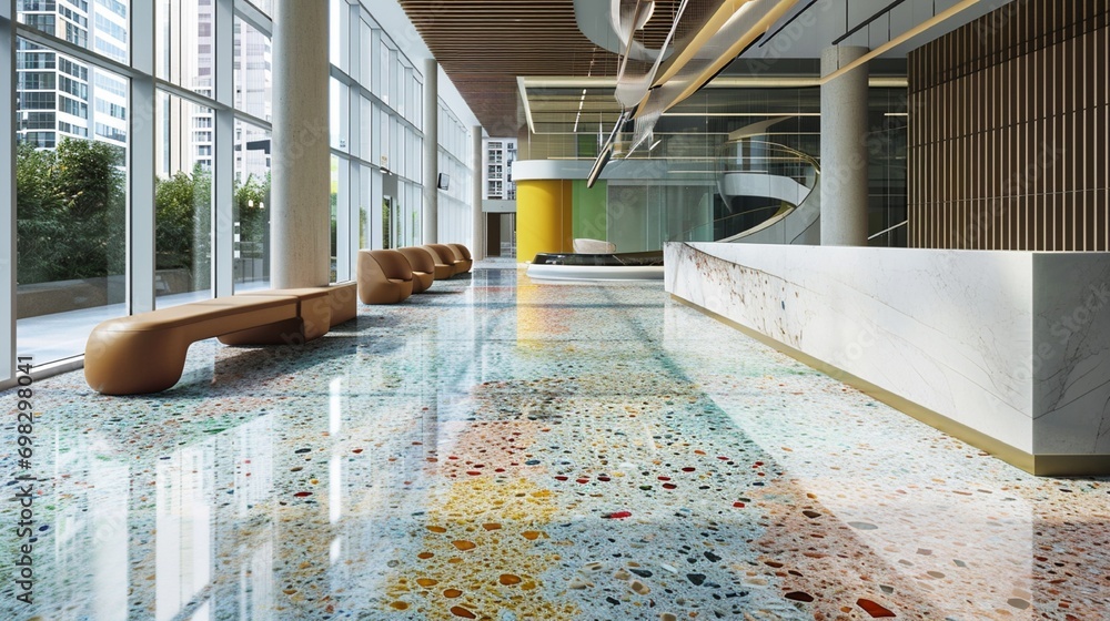 A terrazzo tile floor design incorporating recycled glass pieces in a ...