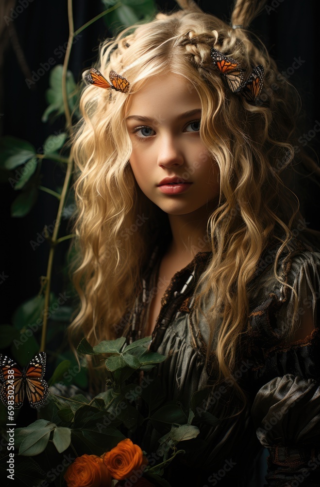 A whimsical portrait of a young girl adorned with a crown of fluttering ...