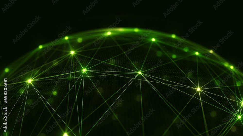 Dynamic network of green lines and dots, forming a spherical shape ...