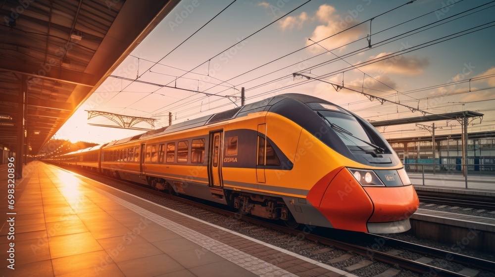 High speed train on the modern railway station at sunset in summer in ...