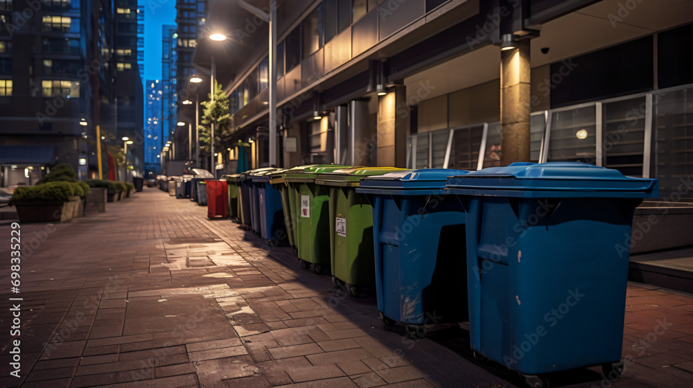 Foto de An urban street with multiple recycling bins for different ...