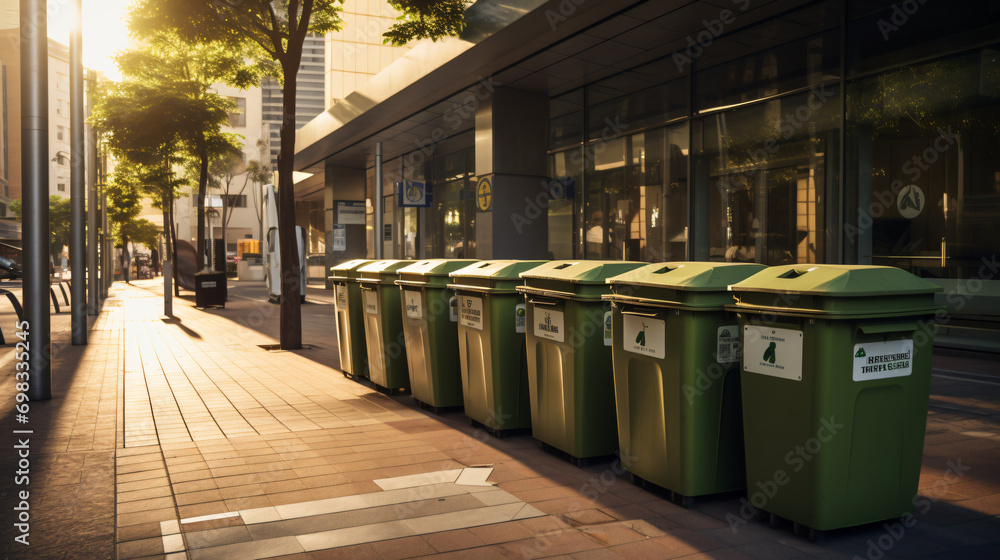 An urban street with multiple recycling bins for different types of ...