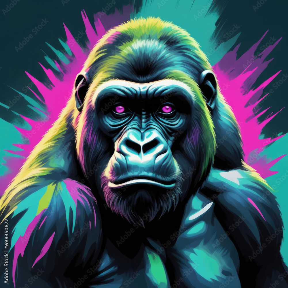 Neon Gorilla - Impressionistic psychedelic illustration of a powerful gorilla with deep soulful ...