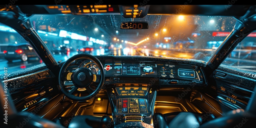 autonomous futuristic car dashboard concept with HUD and hologram ...