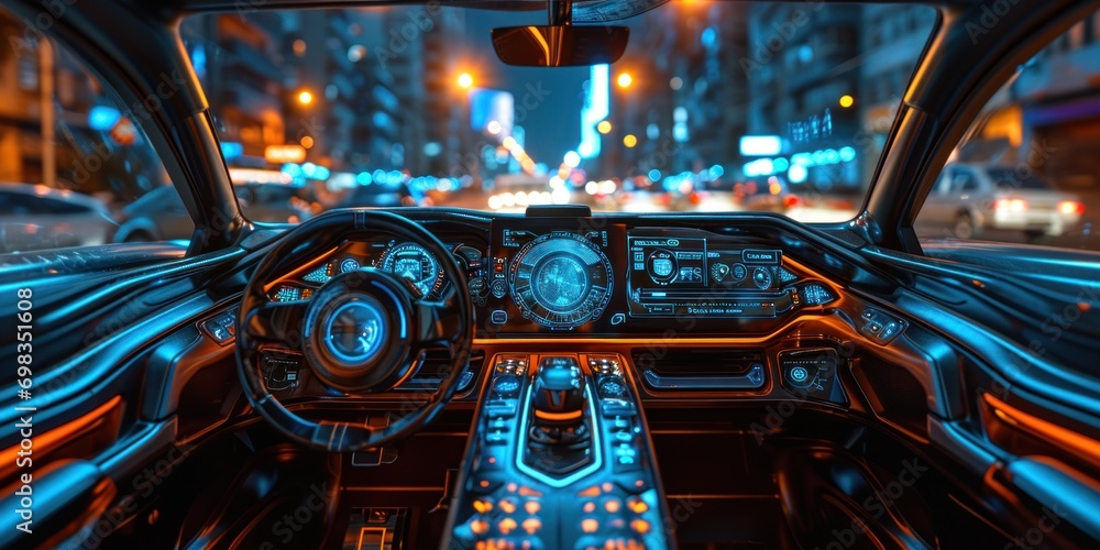 autonomous futuristic car dashboard concept with HUD and hologram ...