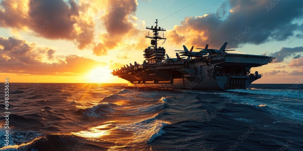 A typical military aircraft carrier with fighter jets taking off during ...