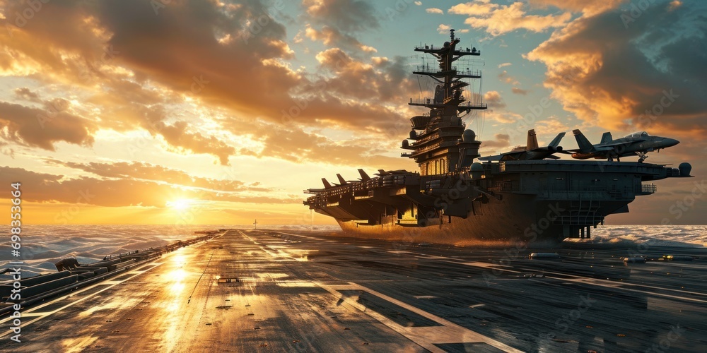 A typical military aircraft carrier with fighter jets taking off during ...
