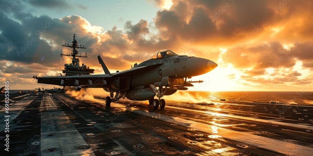 A typical military aircraft carrier with fighter jets taking off during ...