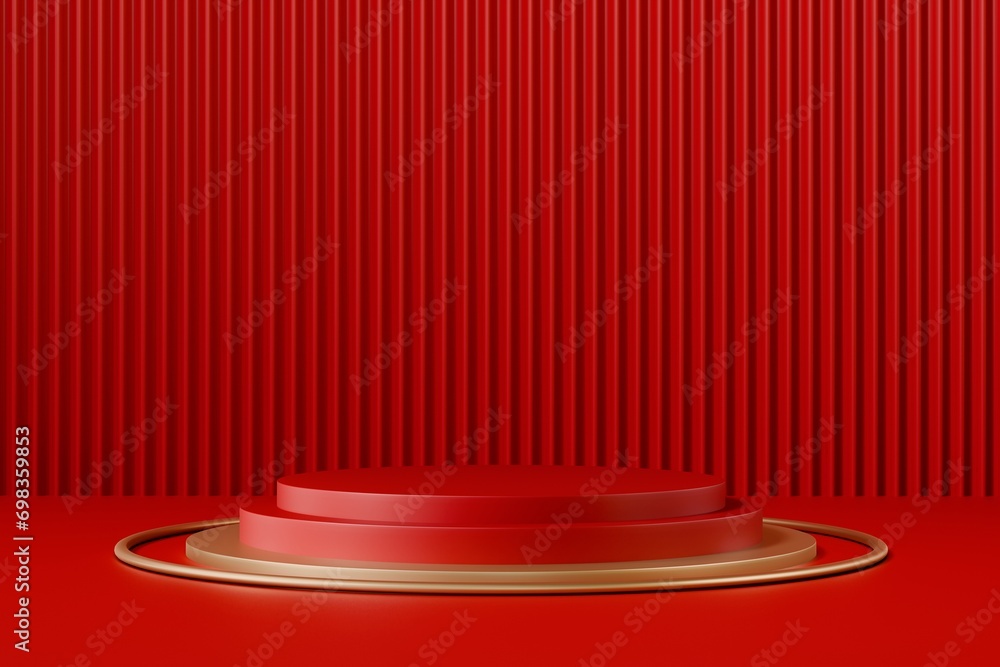 luxury red podium presentation product design, gold cylinder pedestal ...