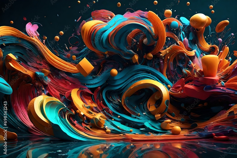A collision of vibrant 3D shapes and cascading fluidic elements ...