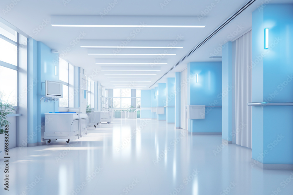Empty modern hospital corridor, clinic hallway interior background ...