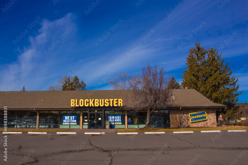 Oregon, USA 3/25/2019: The last Blockbuster store in the USA. The store ...