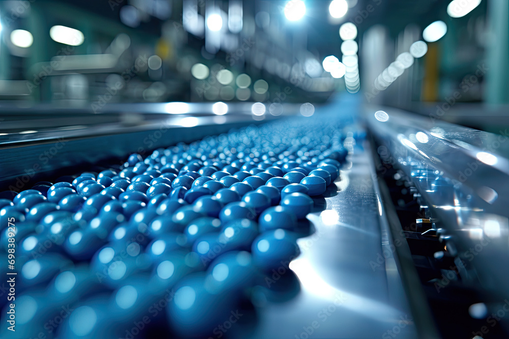 Blue Capsules are Moving on Conveyor at Modern Pharmaceutical Factory ...