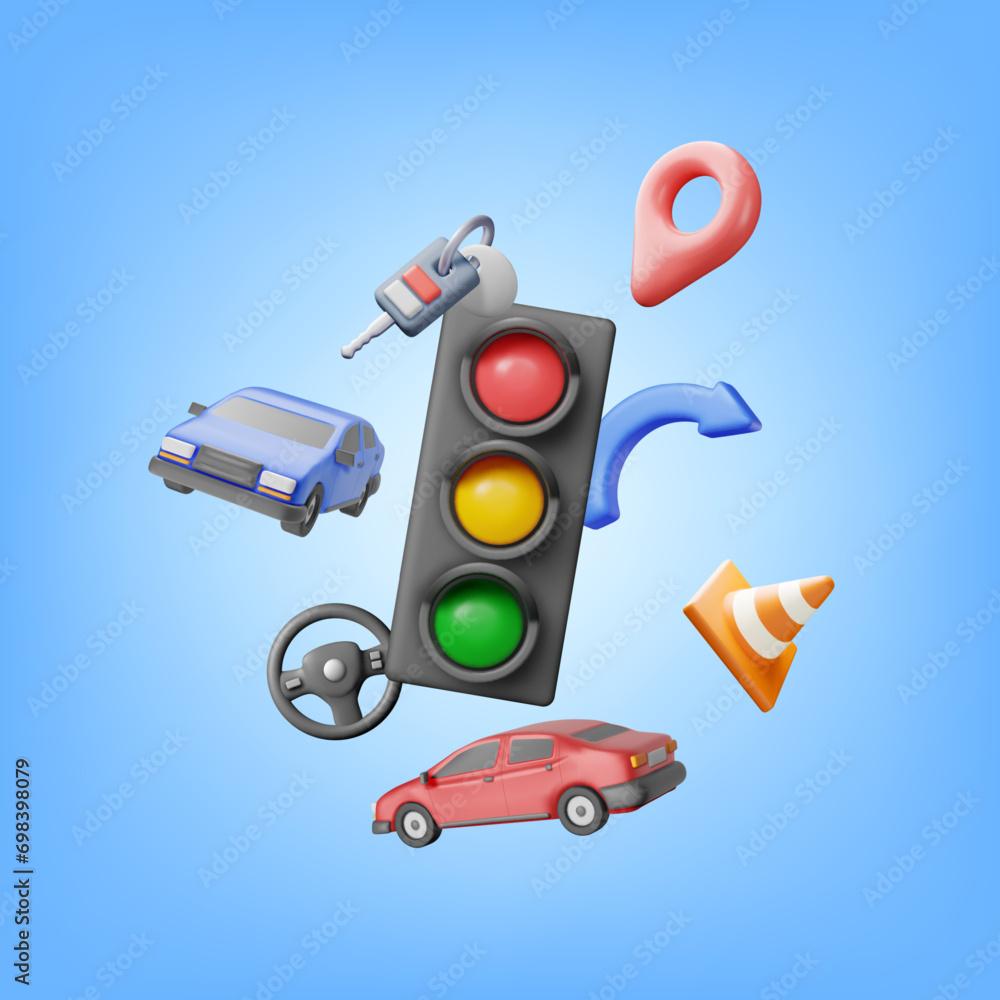 3D Concept of Driving School Isolated. Render Car with Traffic Cones ...