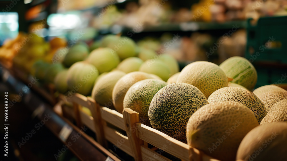 The image features a large display of honey dew melons in a grocery ...