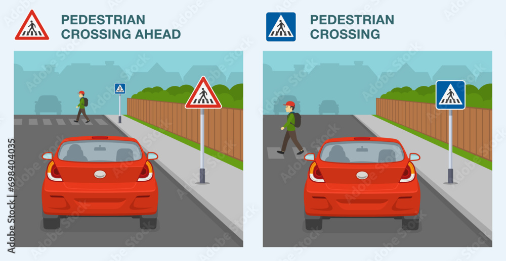 Safe car driving tips and traffic regulation rules. Pedestrian crossing ...