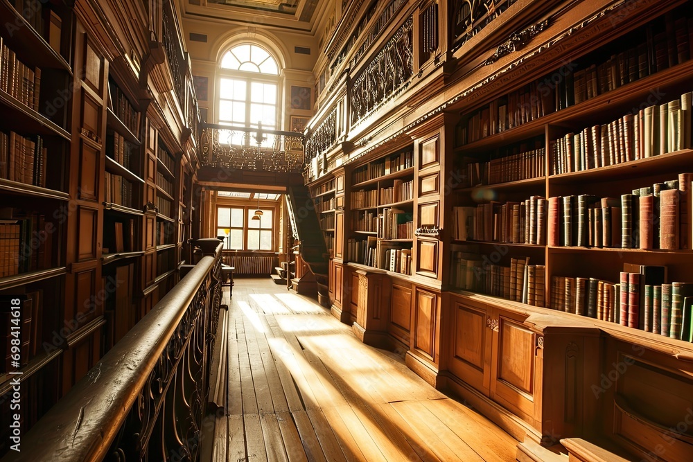 Light coming through arched window in library or reading room with many ...