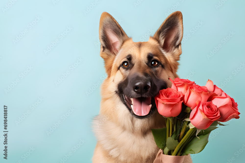 German Shepherd dog with rose flowers in front of pastel blue studio ...